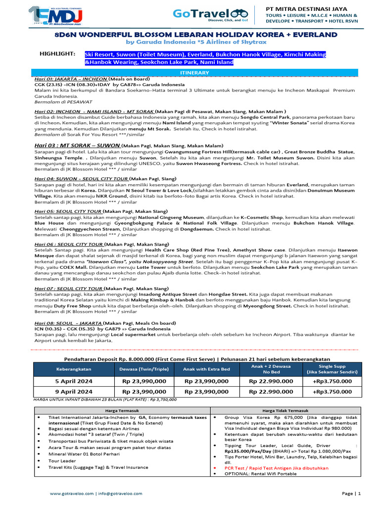 8D6N WONDERFUL BLOSSOM LEBARAN HOLIDAY KOREA + EVERLAND 2024 Upd JAN 2024 | PDF