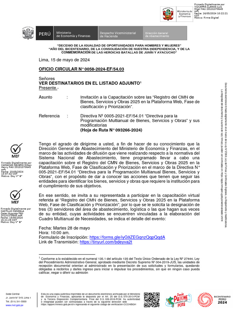 Oficio Circular N 0058 2024 Ef 54.03 | PDF Oficio Circular N 0058 2024 Ef 54.03 | PDF