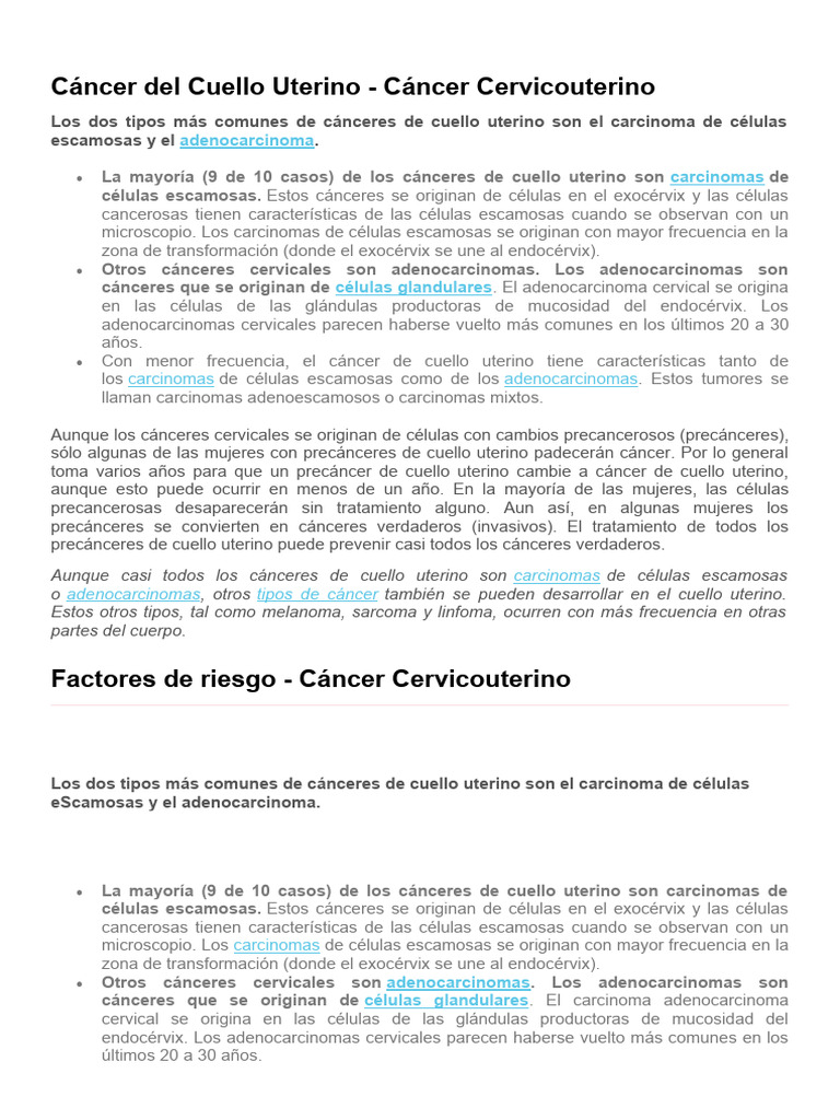 Cáncer de Cuello Uterino: Tipos y Síntomas | PDF | Cáncer | Cáncer de ...