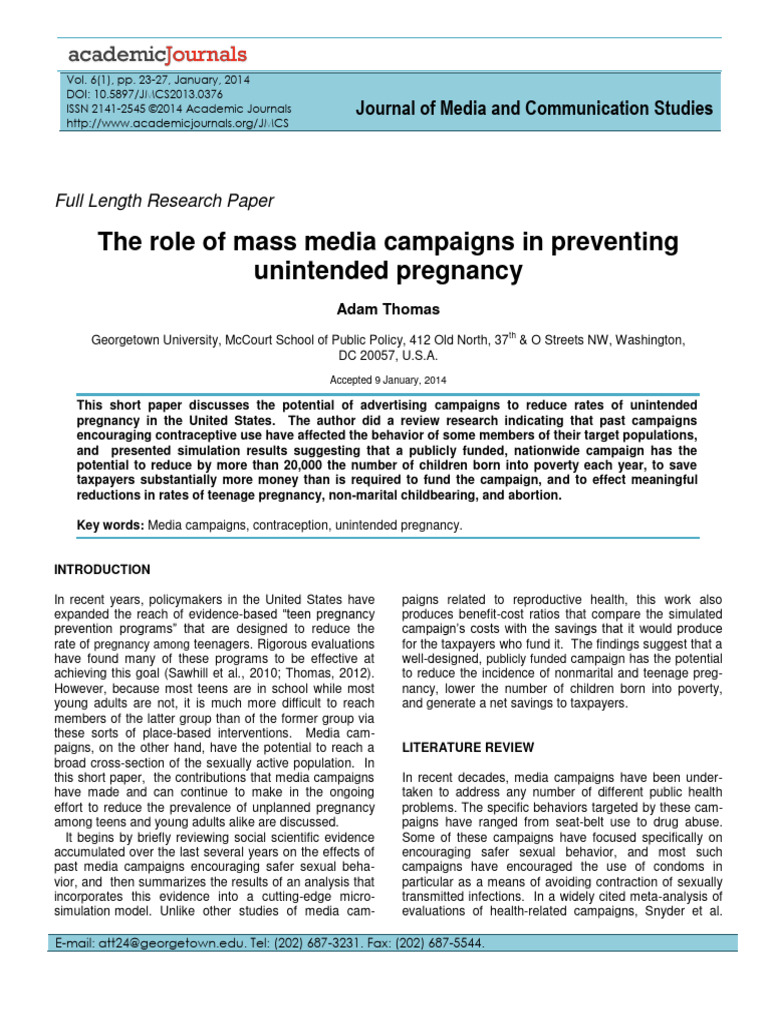The Role of Mass Media Campaigns in Preventing Unintended Pregnancy ...