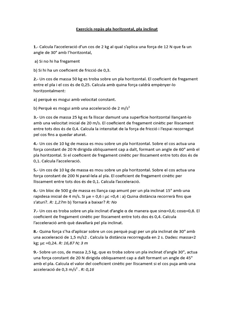 Exercicis Pla Horitzontal I Pla Inclinat | PDF Exercicis Pla Horitzontal I Pla Inclinat | PDF