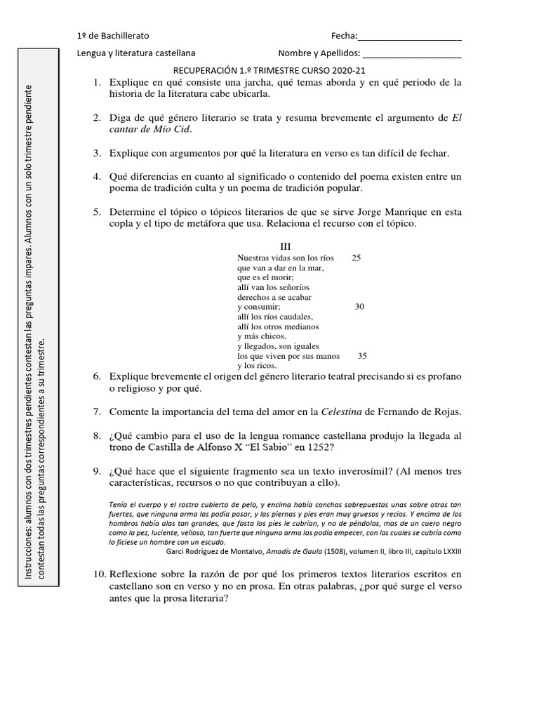 Examen Literatura Bachillerato 1º | PDF | Don Quijote | Poesía