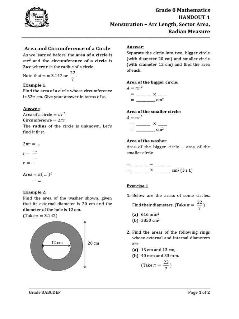 G8 Mathematics Handout 1 Mensuration Download Free Pdf Area Circle