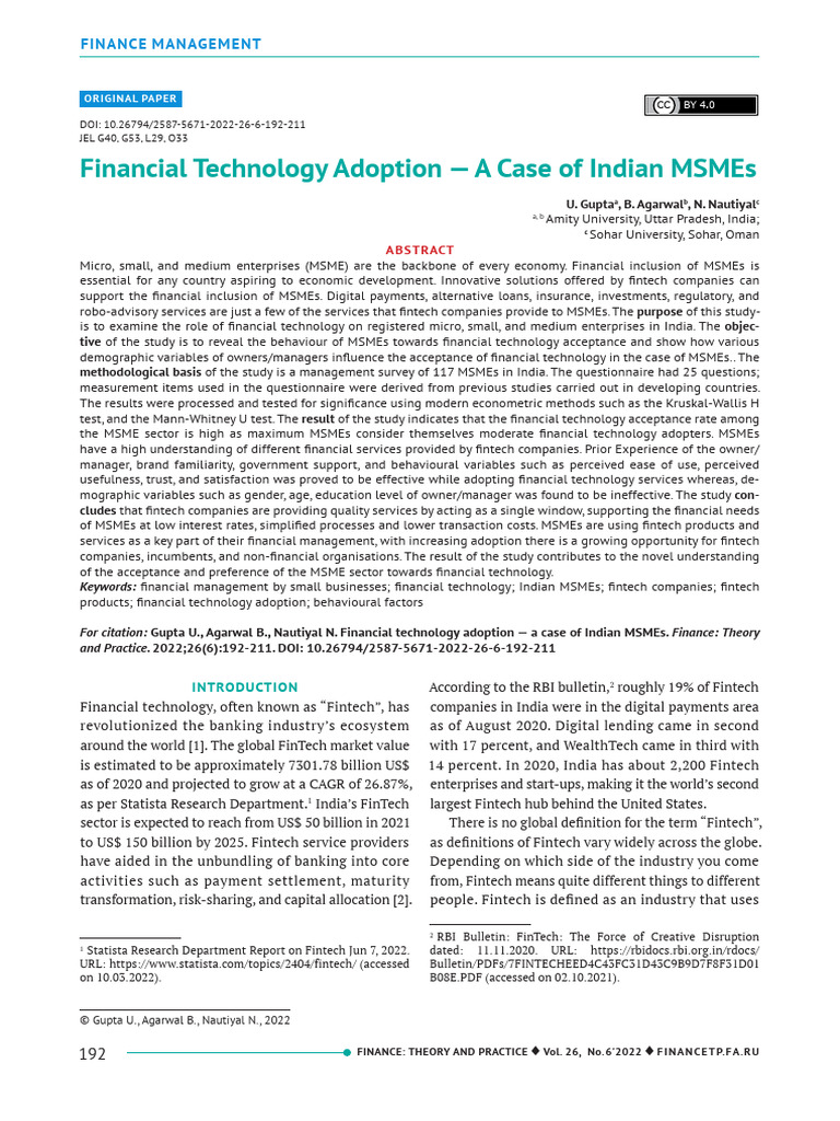 Financial Technology Adoption - A Case of Indian MSMEs | PDF | Small ...