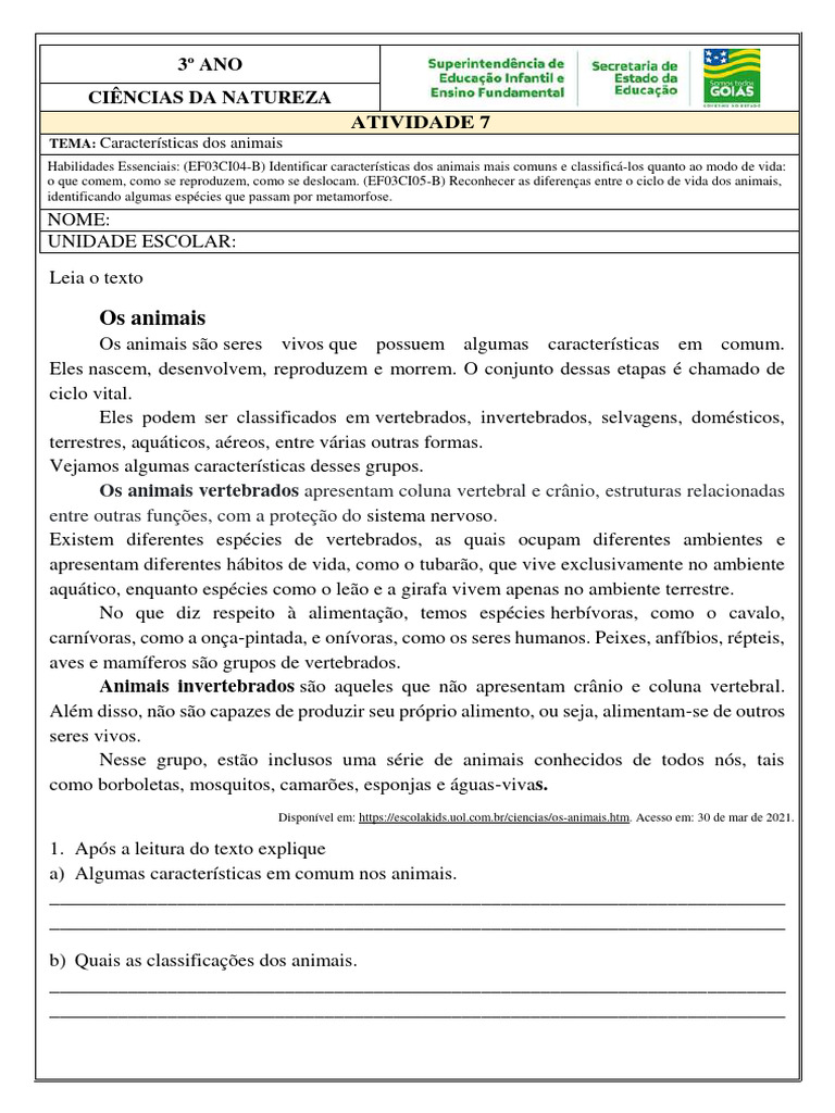 Atividade 7 Ciencias Da Natureza Tema Caracteristicas Dos Animais 3o ... Atividade 7 Ciencias Da Natureza Tema Caracteristicas Dos Animais 3o ...