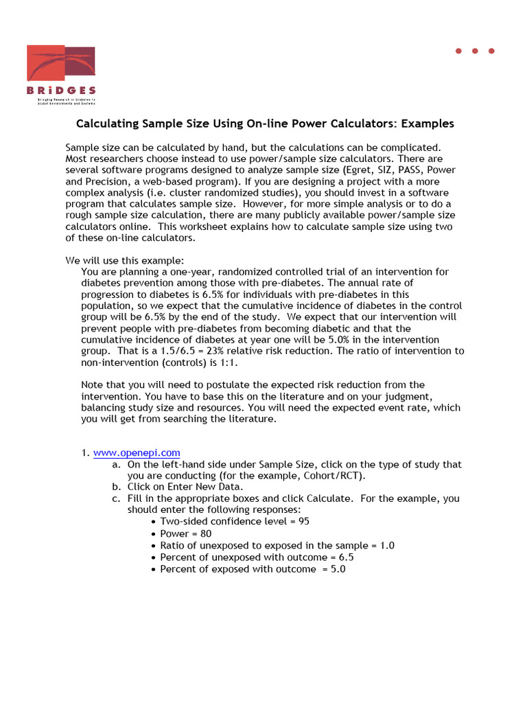 BRIDGES Sample Size Calculation and Example of Budget | PDF ...