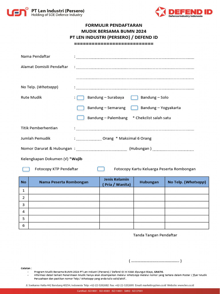 Formulir Pendaftaran Mudik Gratis PT Len Industri (Persero) - Defend ID ...