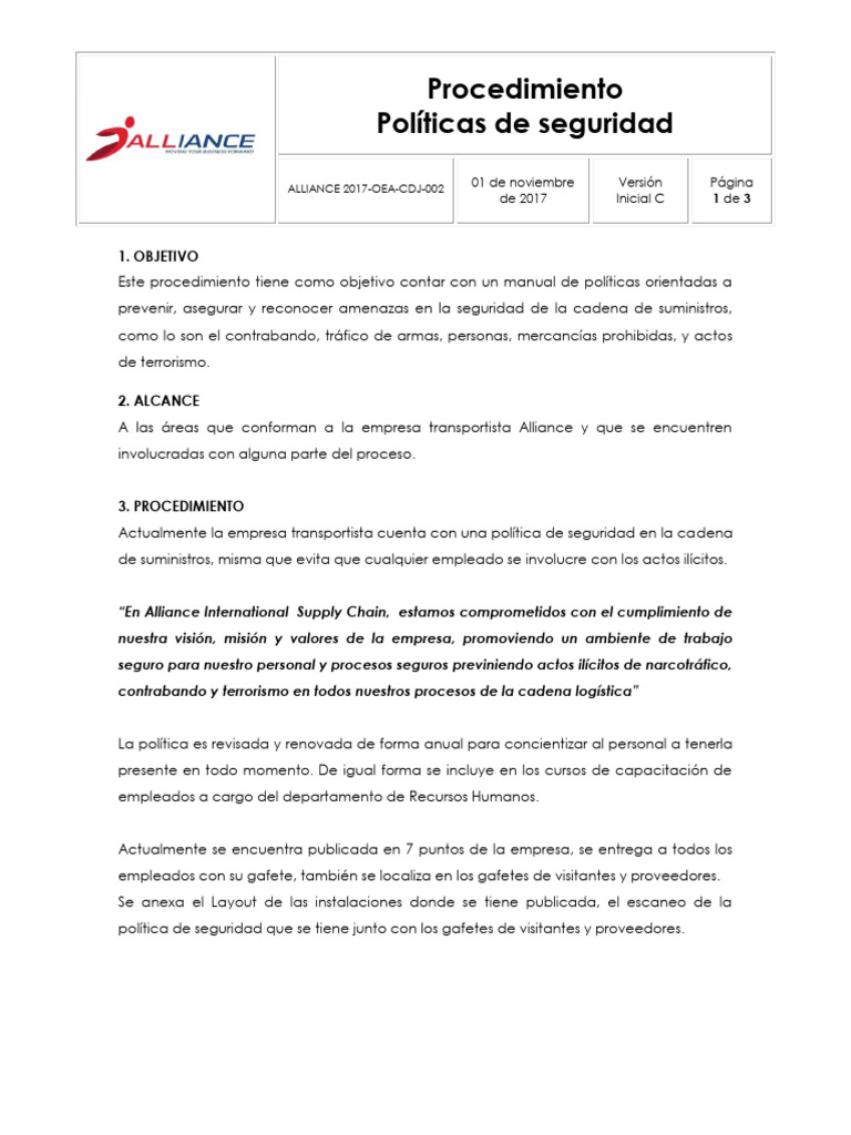 Politica de Seguridad Alliance | PDF | Cadena de suministro | Business