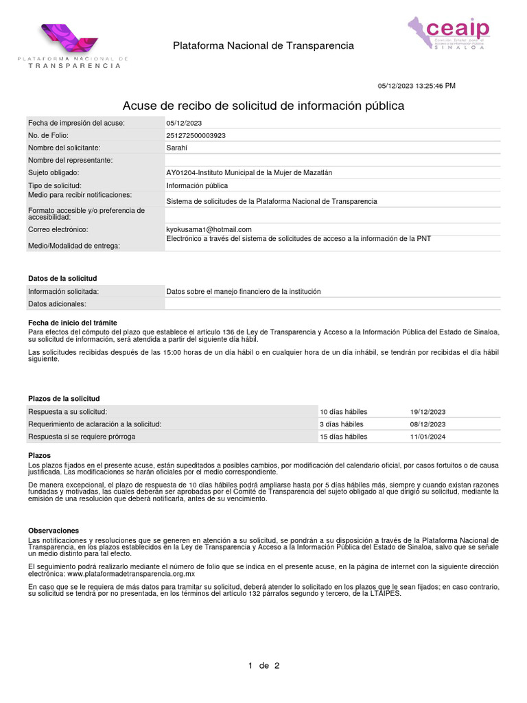Acuse de Recibo: Solicitud de Información Pública | PDF