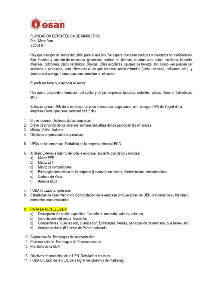PLANEACION ESTRATEGICO DE MARKETING - ESQUEMA DE TRABAJO FINAL v.2024-01 | Descargar gratis PDF ...