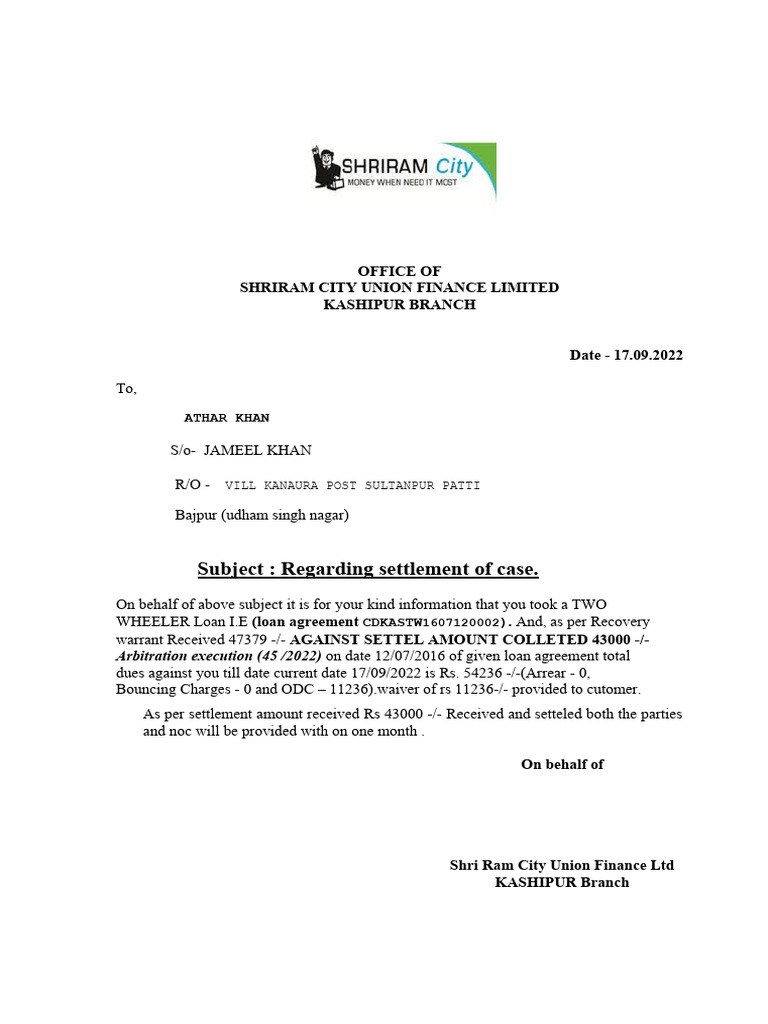 Shriram Finance Loan Settlement Letters | PDF | Finance & Money ...