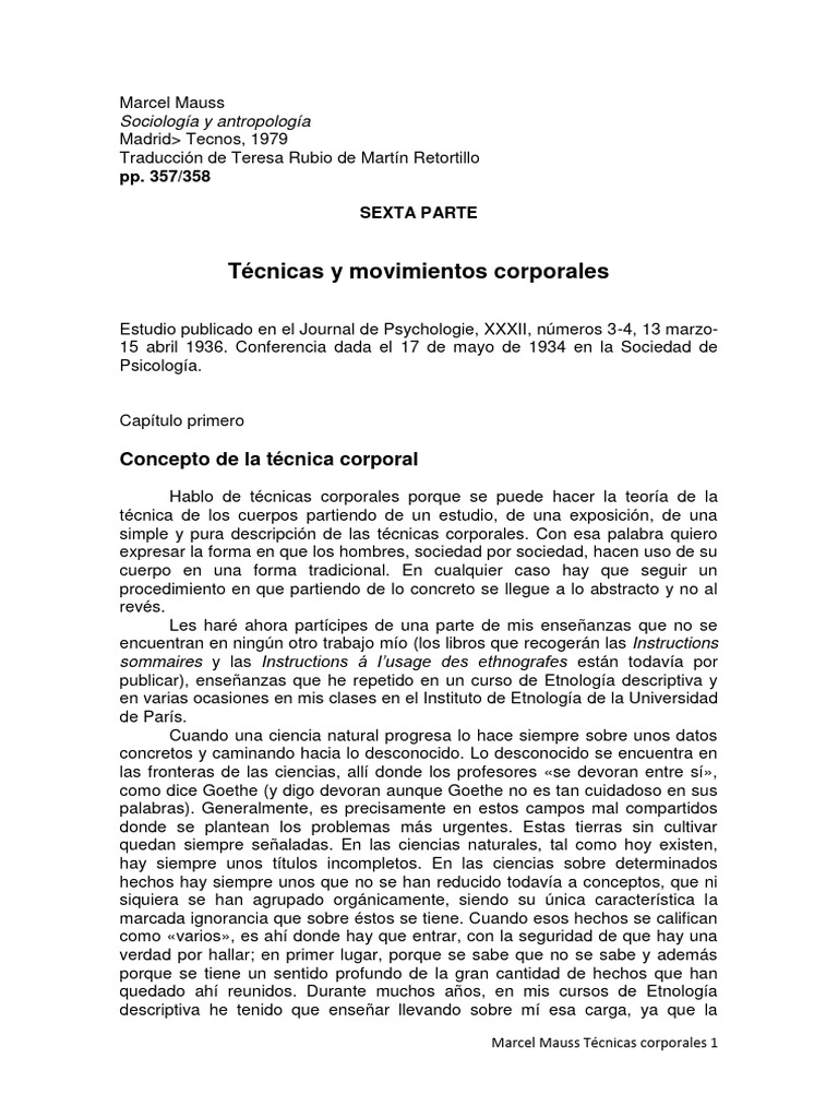 Mauss 1979 Técnicas y Movimientos Corporales, en Sociología y ...