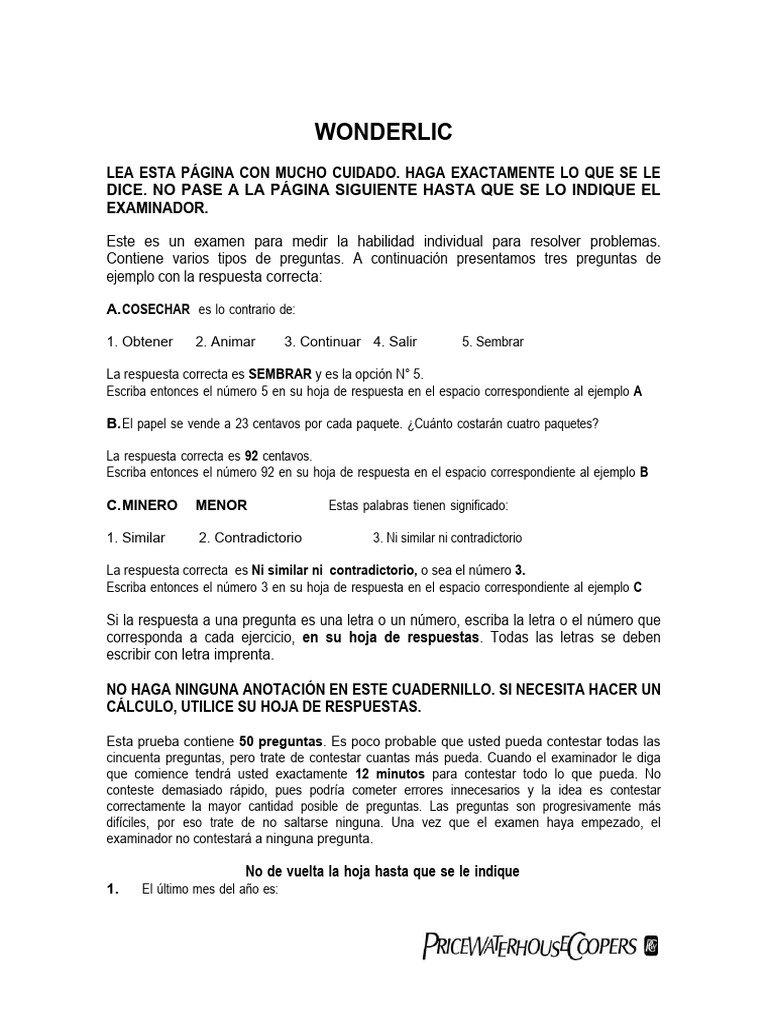 Test de Wonderlic (cuestionario) | PDF