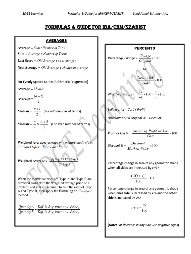 Formula Sheet - IBA | PDF | Area | Elementary Geometry