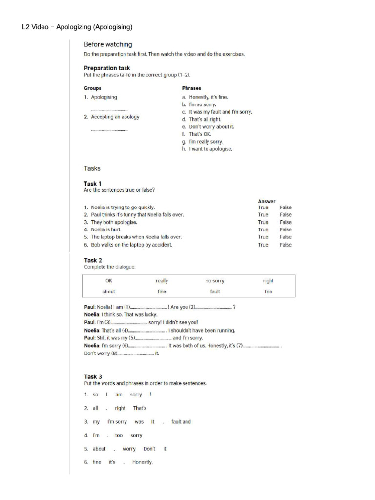 Apologizing - Worksheet | PDF