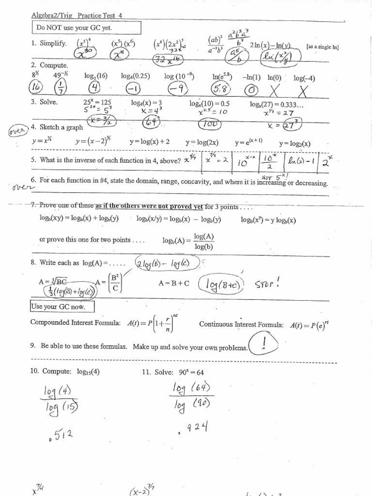 Algebra 2 Trigonometry Practice Test | PDF | Teaching Methods & Materials