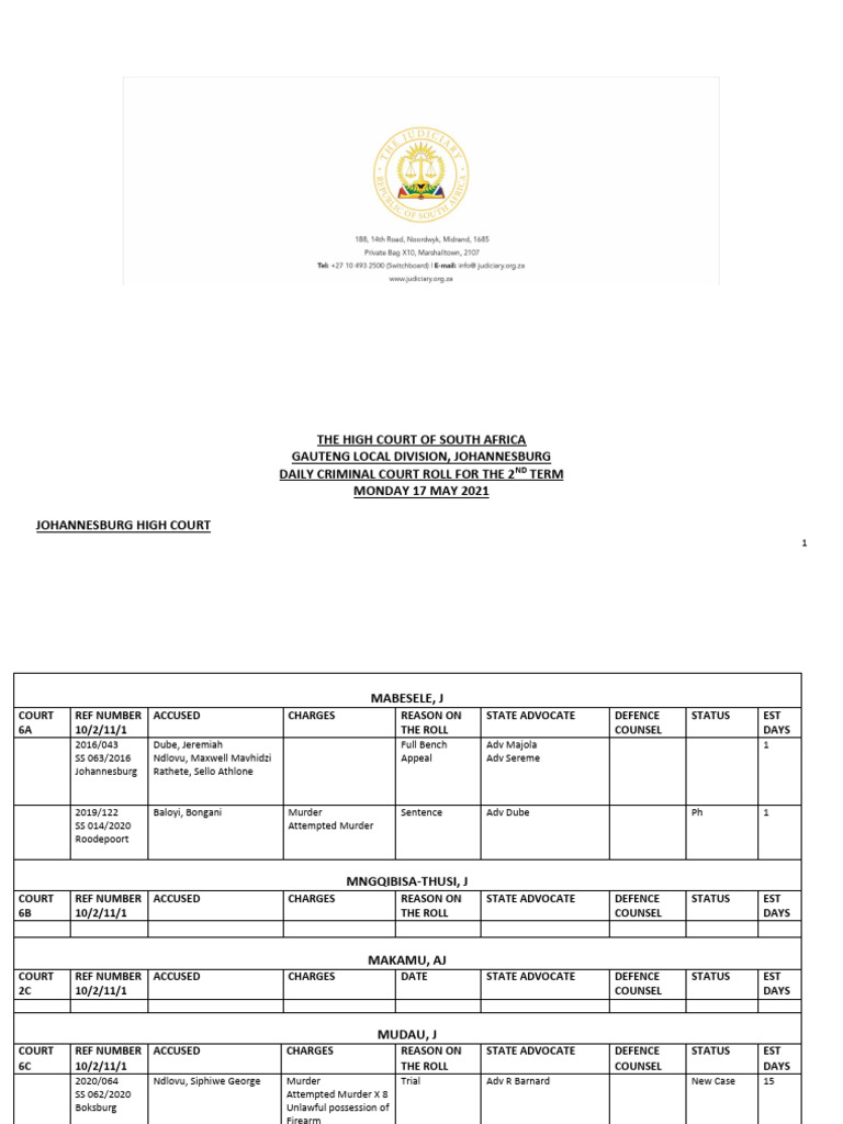 17 May 2021 - Johannesburg Criminal Court Roll | PDF | Criminal Law ...
