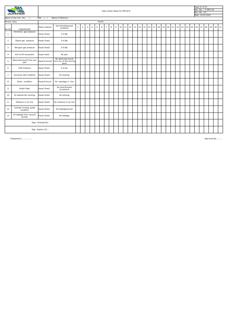 F-MTC-03 Daily Check Sheet For PECVD'S | PDF | Phases Of Matter ...