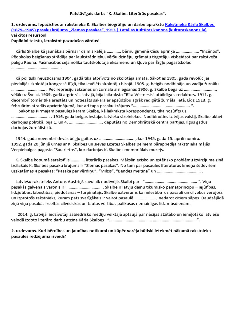 Patstāvīgais Darbs K Skalbes Pasakas | PDF
