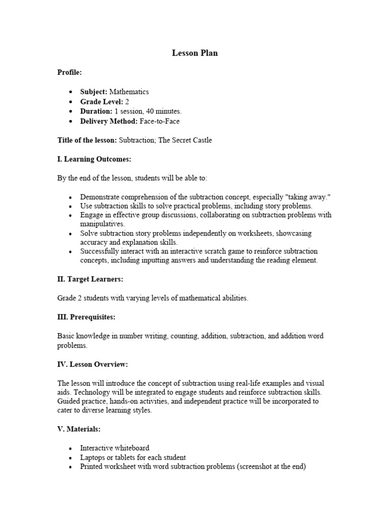 Subtraction Lesson Plan for Grade 2 | PDF | Learning | Teachers