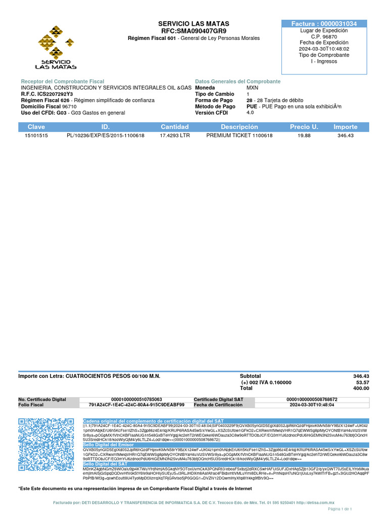 Factura: 0000031034: Servicio Las Matas RFC:SMA090407GR9 | PDF | Pagos ...
