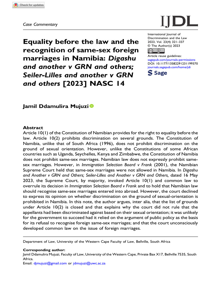 Mujuzi 2023 Equality Before The Law and The Recognition of Same Sex ...