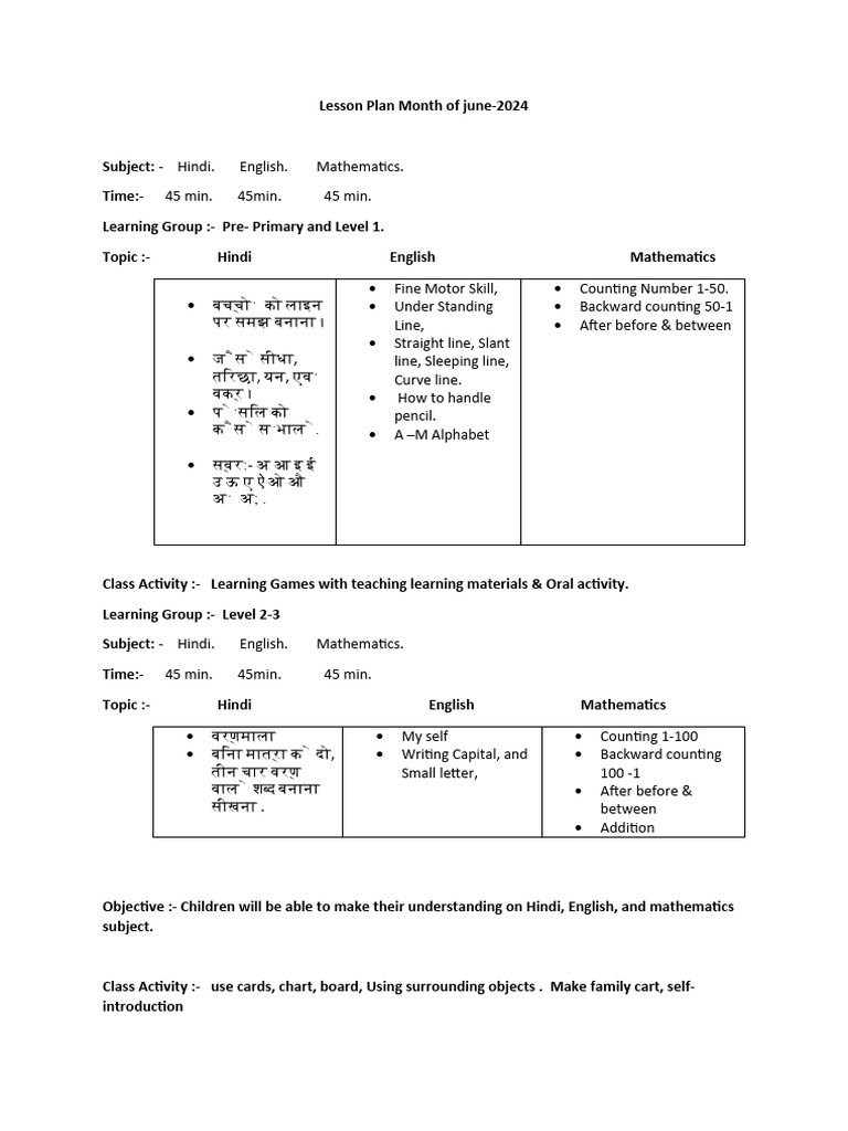 June 2024 Lesson Plan for Pre-Primary | PDF | Lesson Plan | Education ...