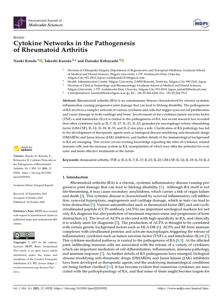 Cytokine Networks in The Pathogenesis of Rheumatoid Arthritis Naoki Kondo 1 | PDF | Nf κb ...