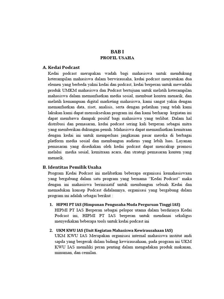 Contoh Proposal Kedai Podcast Mahasiswa | PDF | Bisnis