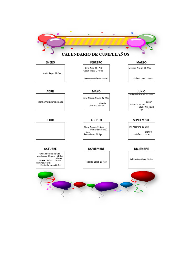 Calendario de Cumpleaños Anual | PDF