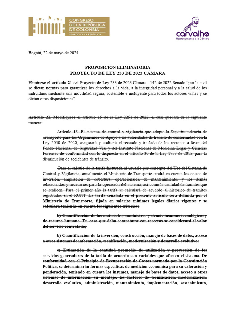 Proposición Articulo 21 - PL 233 de 2023 | PDF | Constitución | Caso de ley