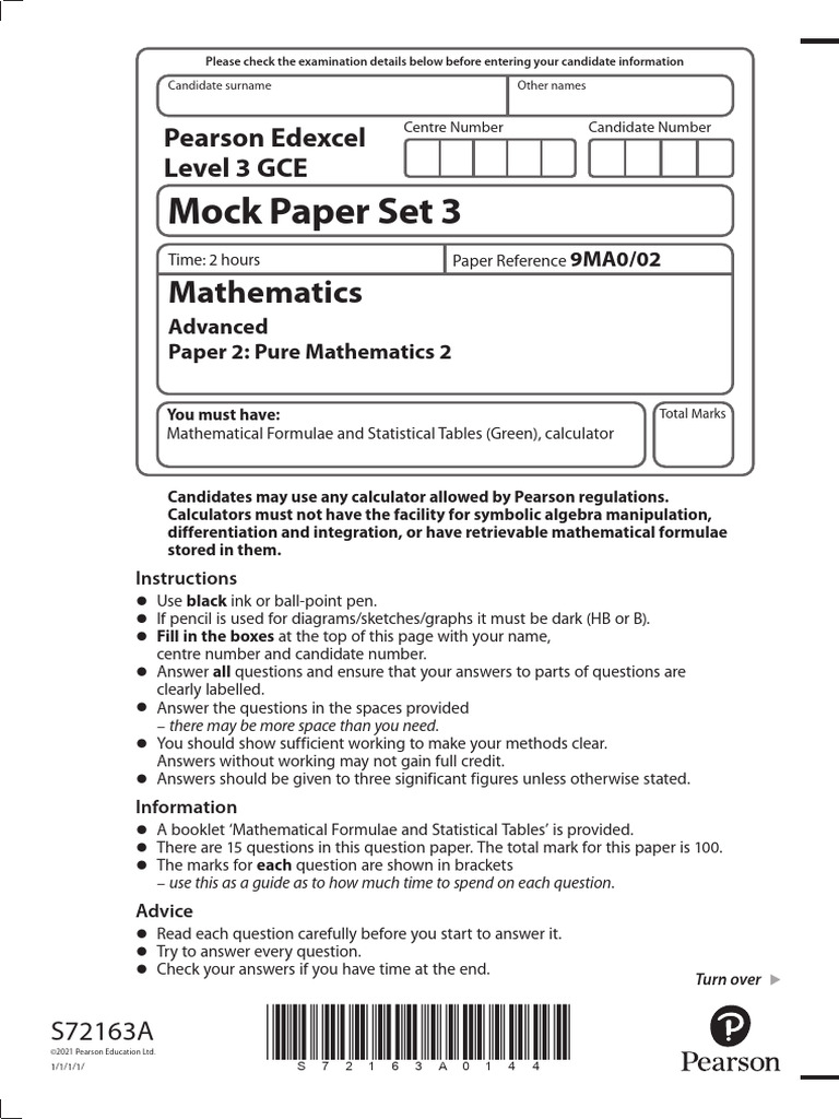 Edexcel A Level Maths Mock Set 3 | PDF | Mathematics | Equations