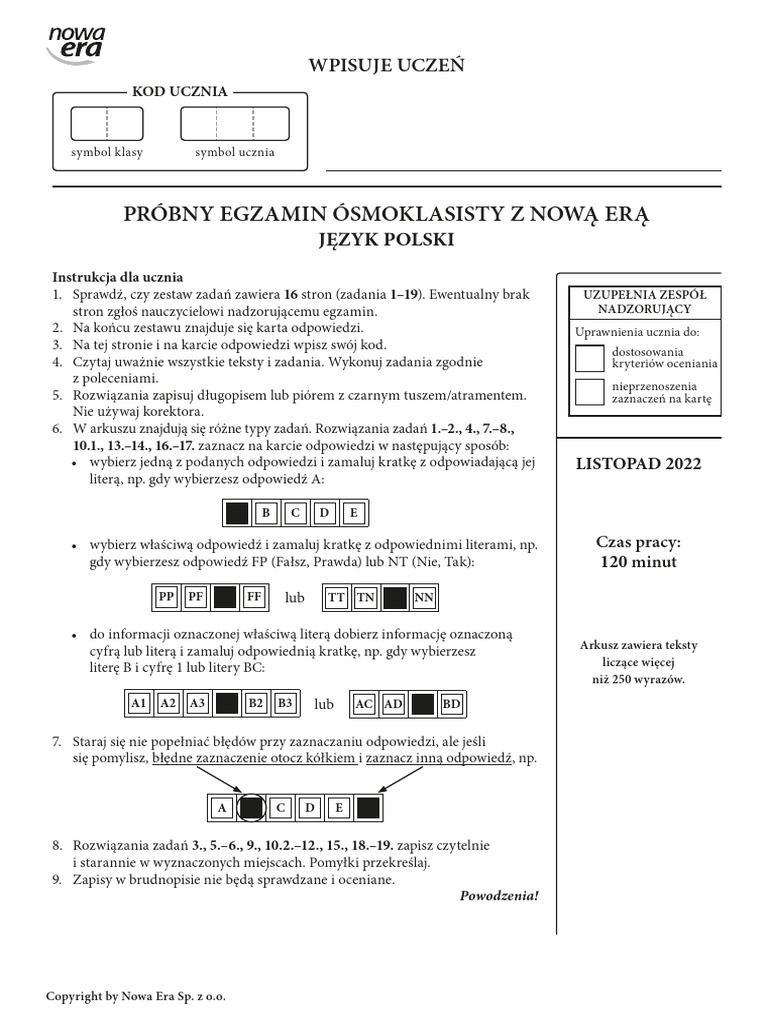 Arkusz Język Polski e8 2022 | PDF