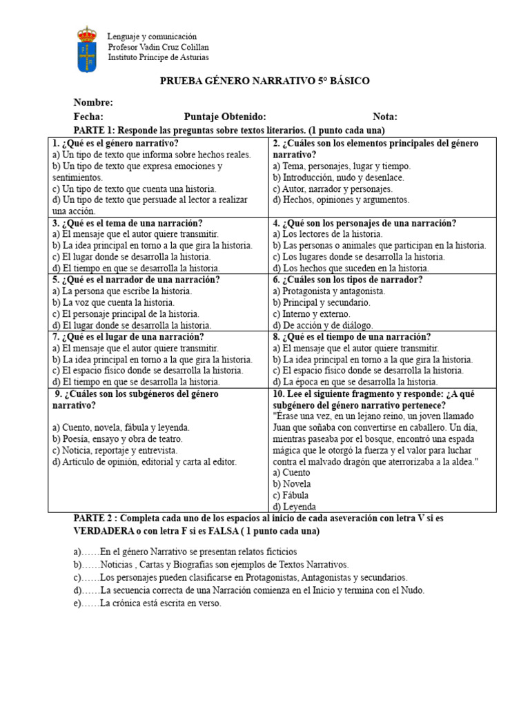 Prueba de Género Narrativo 5° Básico | PDF | Narración