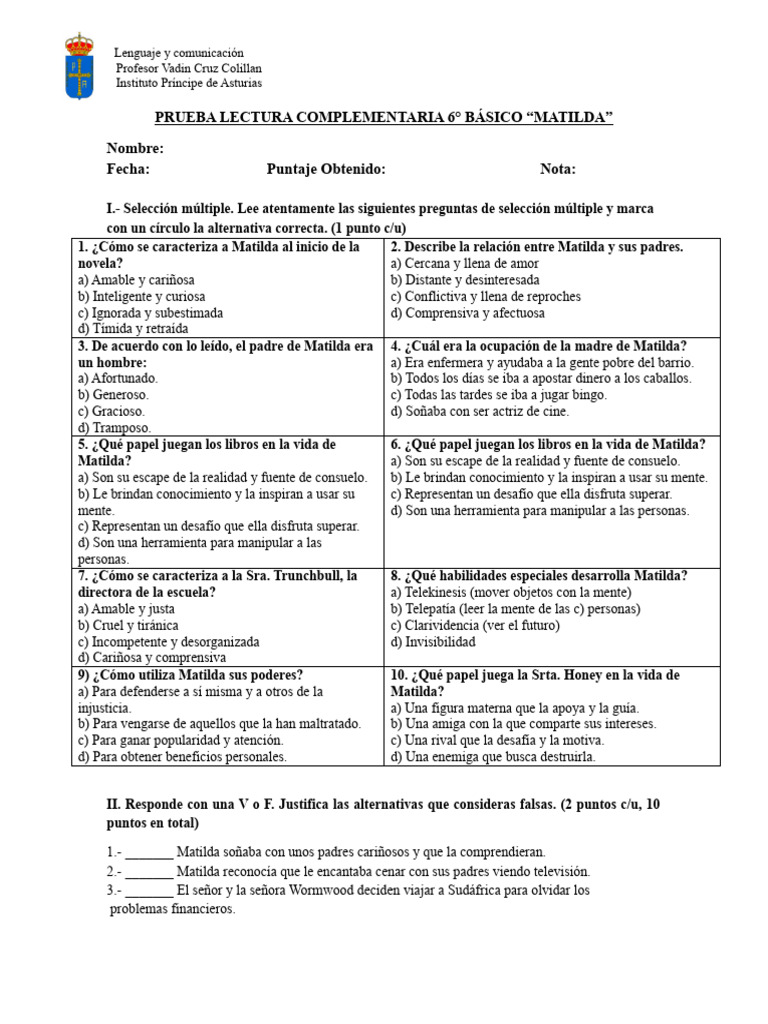 PRUEBA LECTURA COMPLEMENTARIA Matilda | PDF