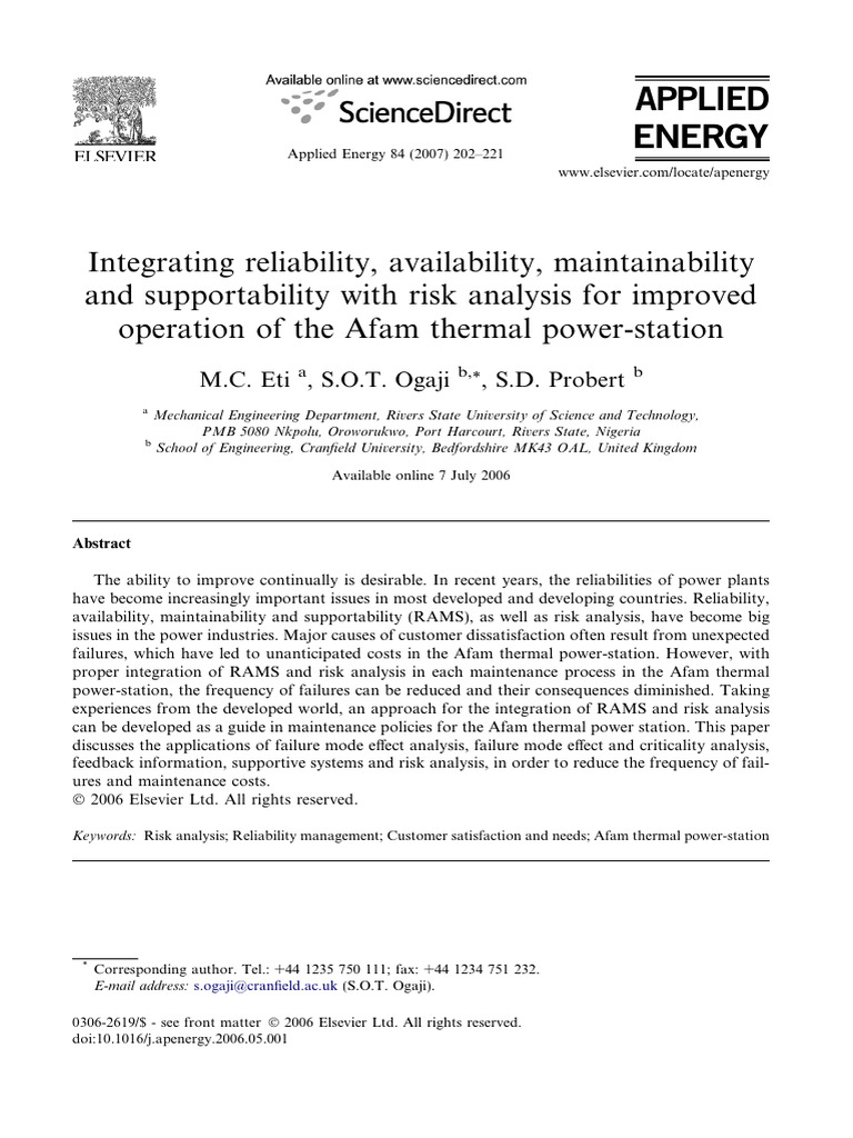 Integrating RAMS With Risk Analysis For Afam Thermal Power-Station | PDF | Reliability ...