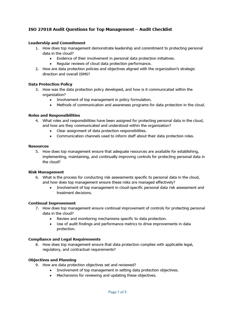ISO 27018 Audit Checklist for Leaders | PDF | Audit | Cloud Computing