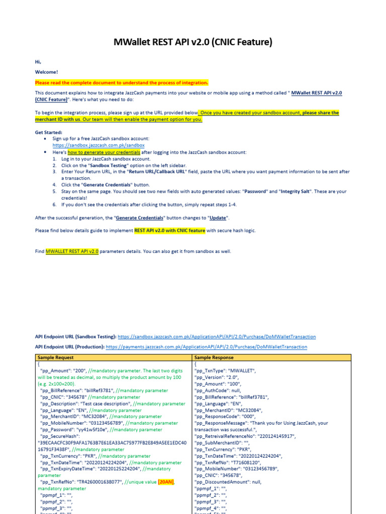 16.4 Mwallet Rest API v2.0 Cnic | PDF | Computing | Computer Programming