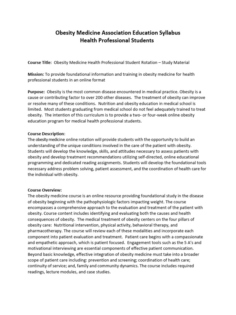 Obesity Medicine Rotation OMA HP Student Syllabus 4 WK Online Rotation ...