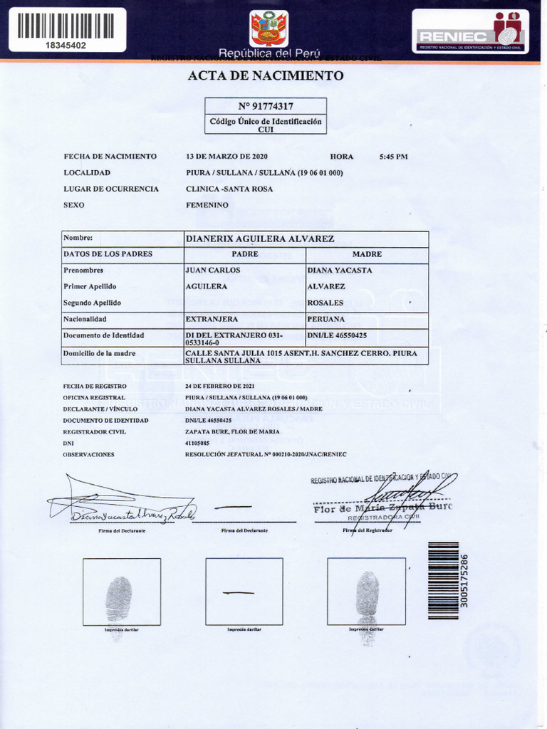 Acta y Partida Nacimiento | PDF