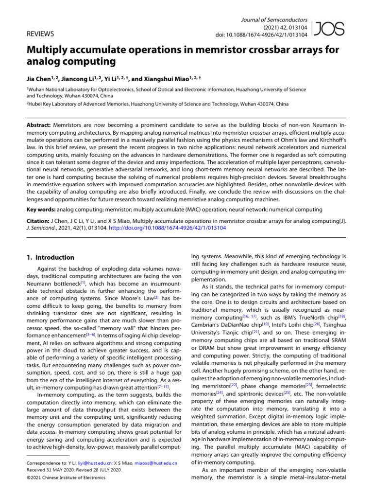 Multiply Accumulate Operations in Memristor Crossbar Arrays Foranalog ...