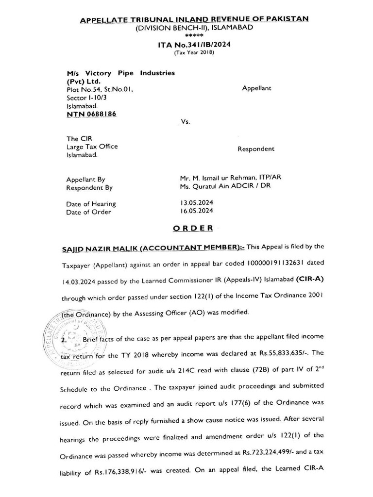 Victory Pipe Industries Vs Cir - Ita No. 341-Ib of 2024 | PDF