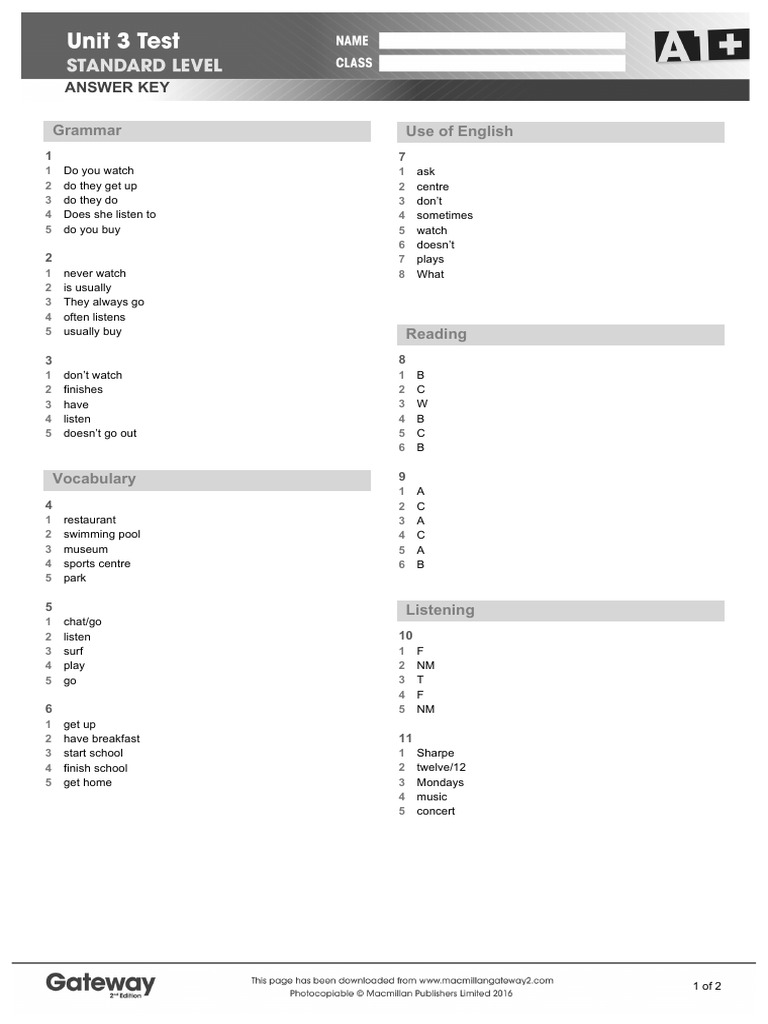 A1 Unit 3 Test Answer Key Standard Pdf Languages Foreign