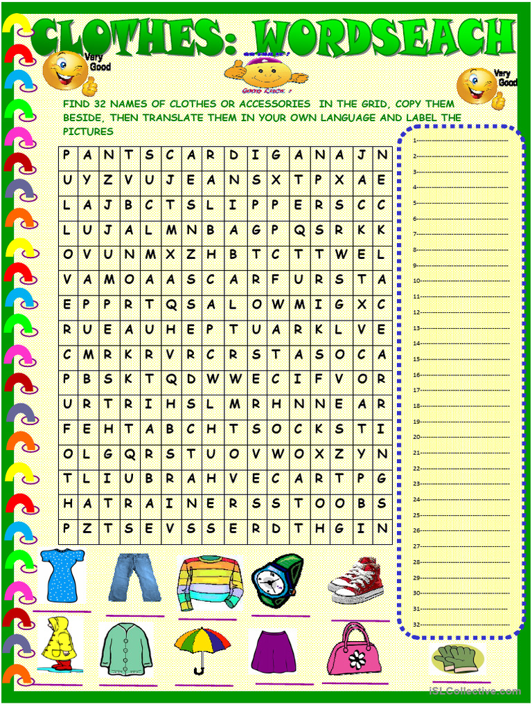 Clothes - Wordsearch With KEY | PDF | Sweater | Clothing