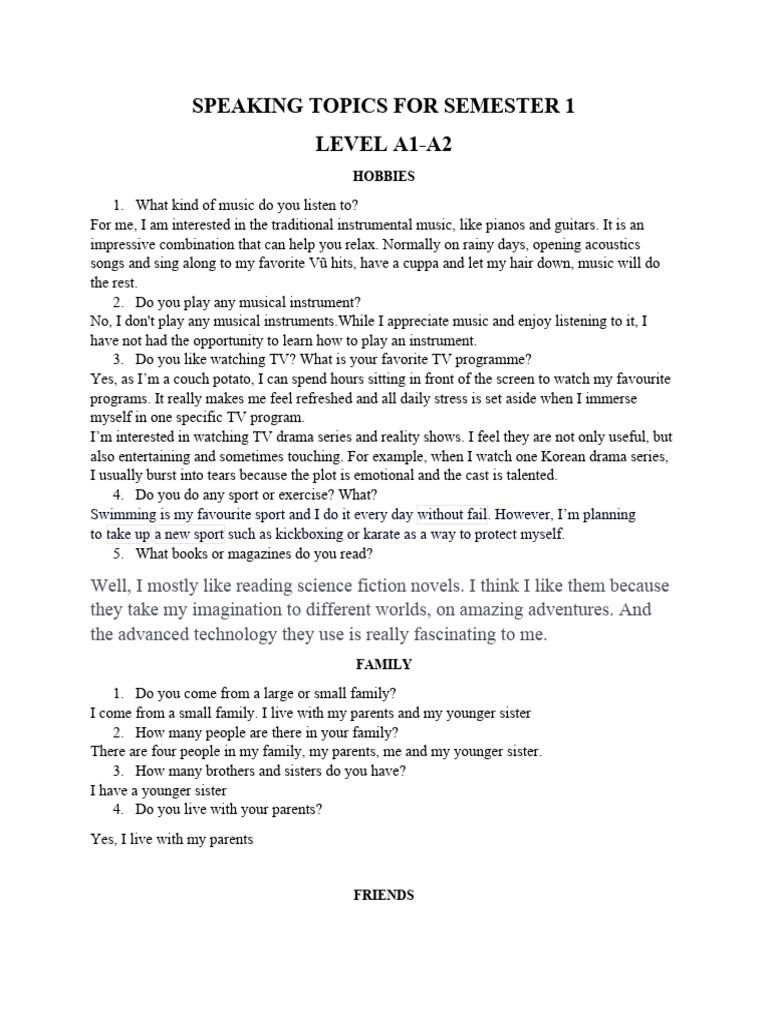 A1-A2 Speaking Topics For Semester 1 | PDF | Vietnamese Cuisine