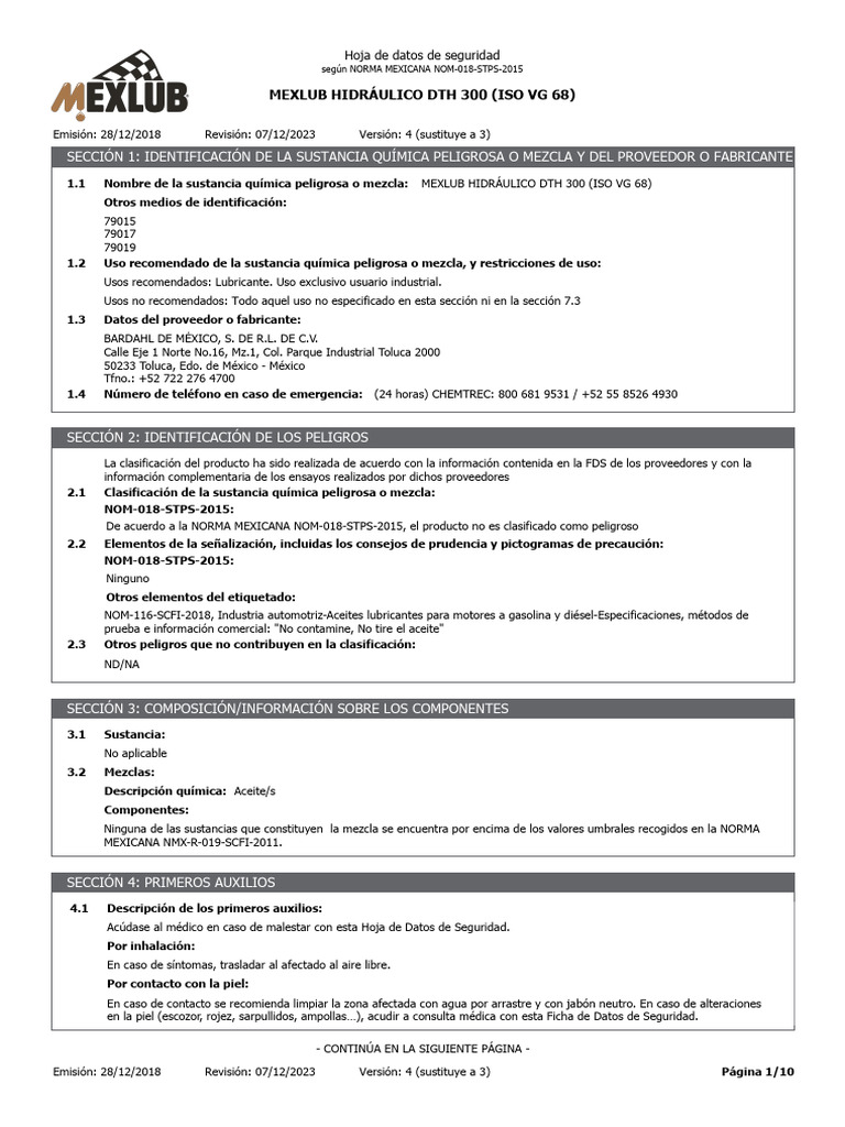 Ficha Técnica de Mexlub DTH 300 | PDF | Seguridad y salud ocupacional