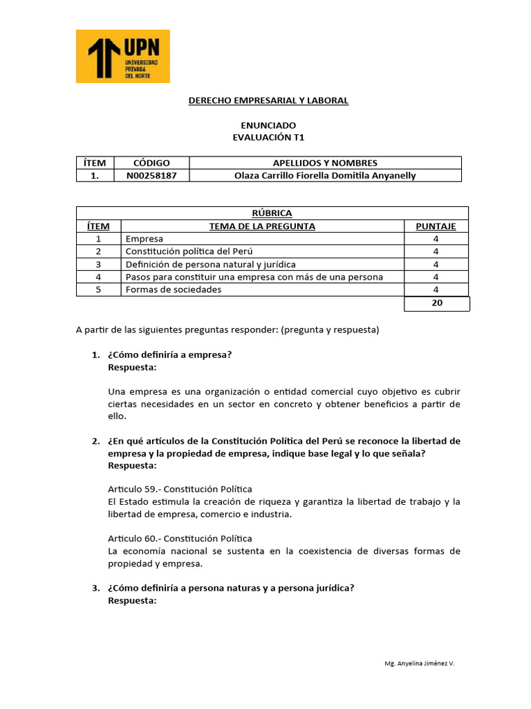 Enunciado Evaluación T1 Semana 6 Derecho Empresarial y Laboral | PDF ...