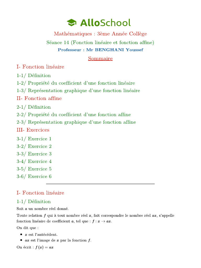 Seance 14 Fonction Lineaire Et Fonction Affine 1 | PDF