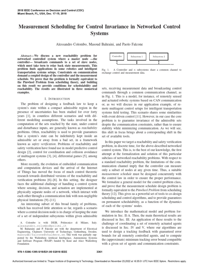 Measurement Scheduling For Control Invariance in Networked Control Systems | PDF | Matrix ...
