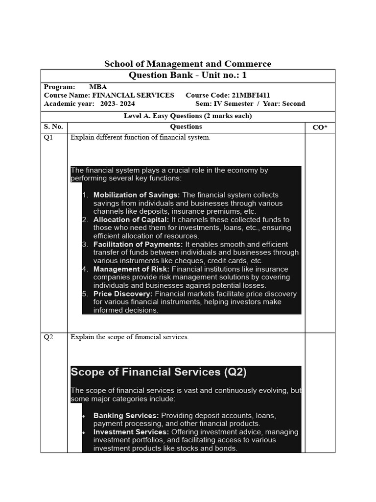 1) FINANCIAL SERVICES MBA-IV UNIT-I (COMPLETED) Solved | PDF ...
